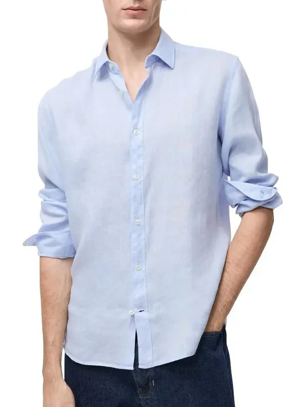 Mango Regular Fit Linen Button-up Shirt - Sky Blue