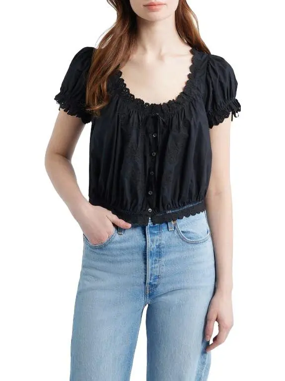 DÔEN Nera Eyelet Ruffle Organic Cotton Crop Top - Black