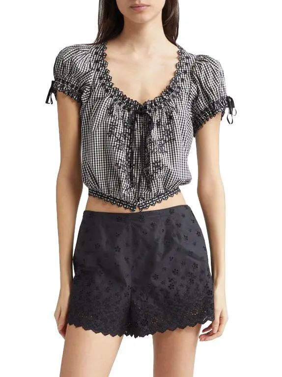 DÔEN Nera Eyelet Ruffle Organic Cotton Crop Top - Noir La Maddalena Gingham