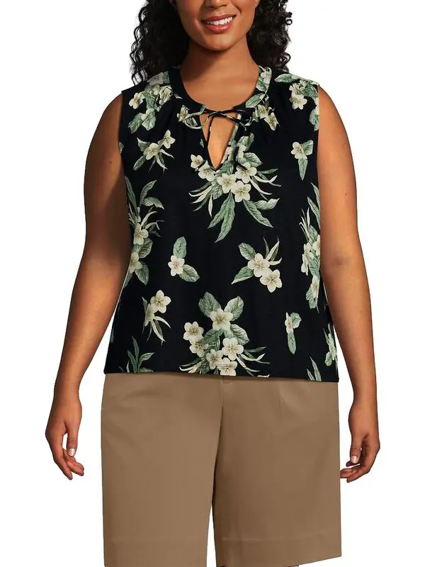 LANDS' END Linen Blend Swing Tank Top - Black Plumeria