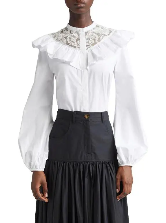 Giambattista Valli Ruffle Lace Yoke Cotton Poplin Top - Optical White