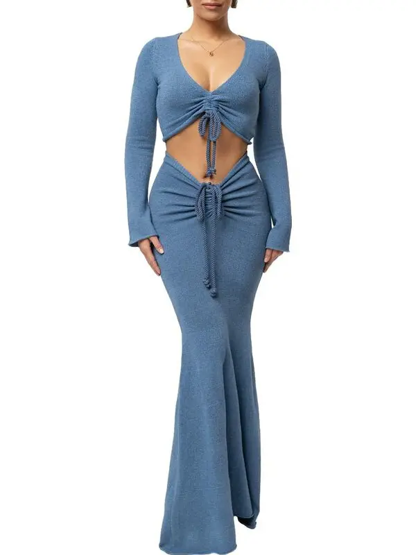 JLUXLABEL Crop Top & Trumpet Skirt Set - Blue