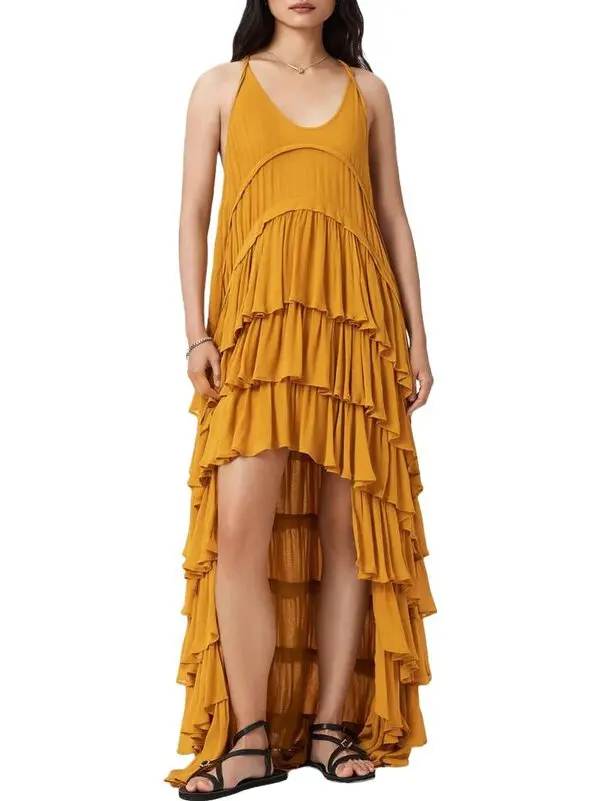 ALLSAINTS Cavarly Tiered Ruffle High-low Dress - Ochre Yellow