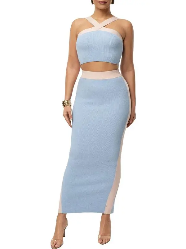 JLUXLABEL Heartbreaker Ribbed Crop Top And Skirt Set - Blue Multi-color