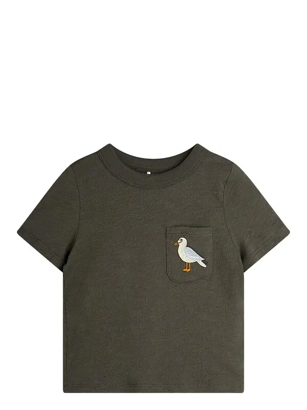 MINI RODINI Faded T Shirt With Seagull Embroidery - Black