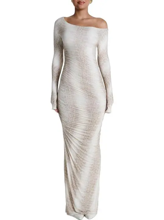 Naked Wardrobe Ruched Off-the-shoulder Maxi Dress - Bone Crocodile