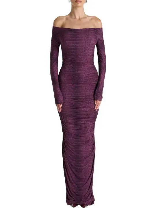 Naked Wardrobe Ruched Off-the-shoulder Maxi Dress - Dark Plum Crocodile