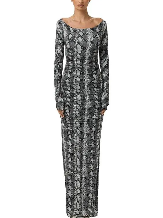 Naked Wardrobe Ruched Off-the-shoulder Maxi Dress - Grey Snakeskin