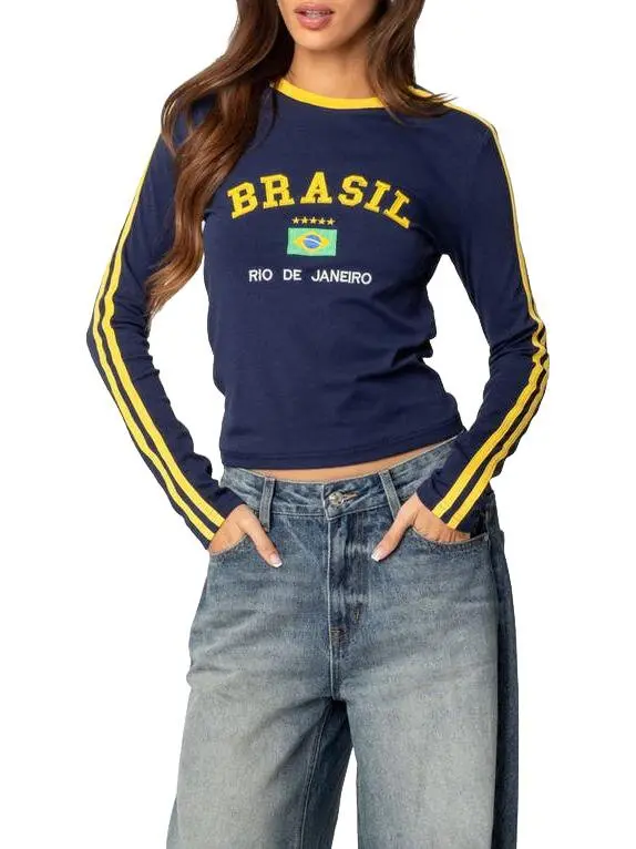 EDIKTED Brasil Long Sleeve T-shirt - Navy