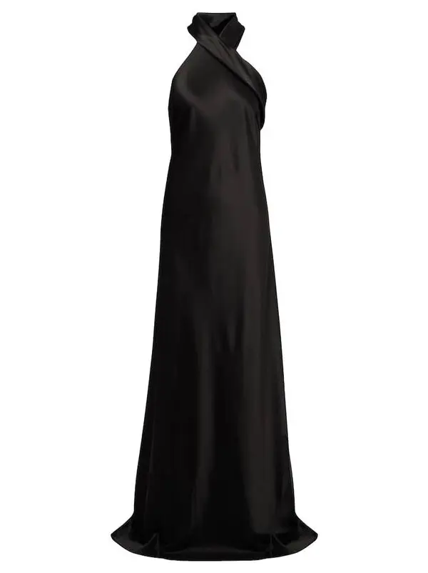 Galvan Satin Halter Neck Gown - Black