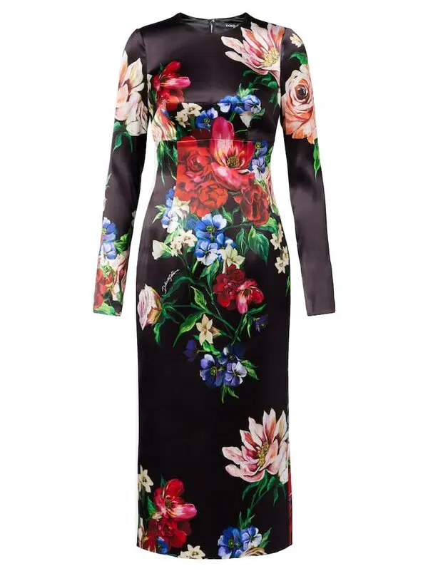 Dolce & Gabbana Floral Satin Midi Dress - Black