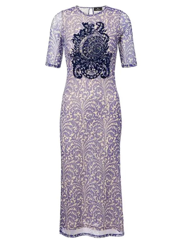 Etro Printed Mesh Midi Dress - Blue