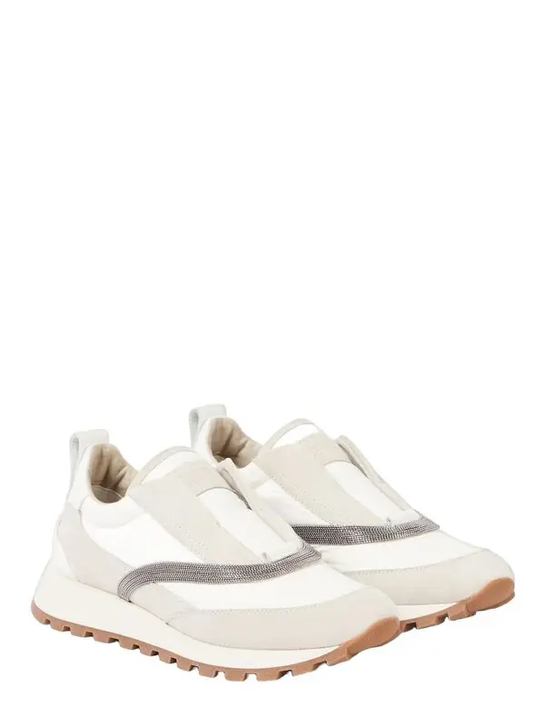 Brunello Cucinelli Monili Leather-trimmed Sneakers - White