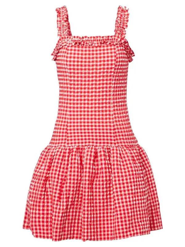 GANNI Seersucker Ruffled Minidress - Red