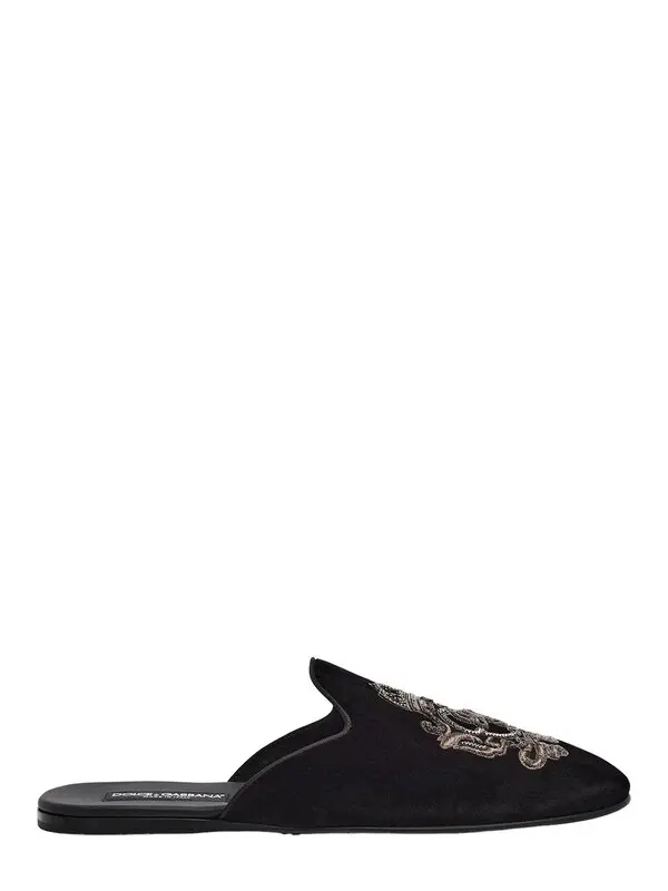 Dolce & Gabbana Coat Of Arms Embroidered Velvet Slippers - Blk