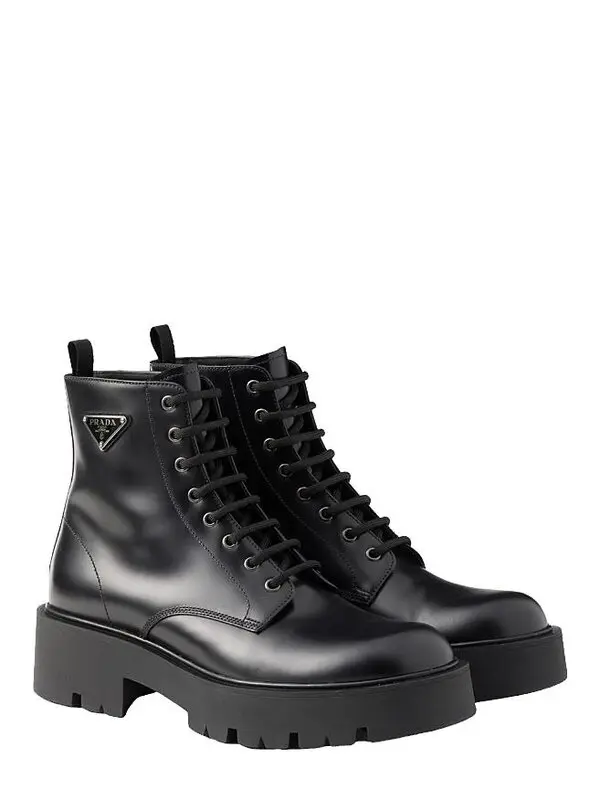 Prada Brushed Leather Combat Boots - Black