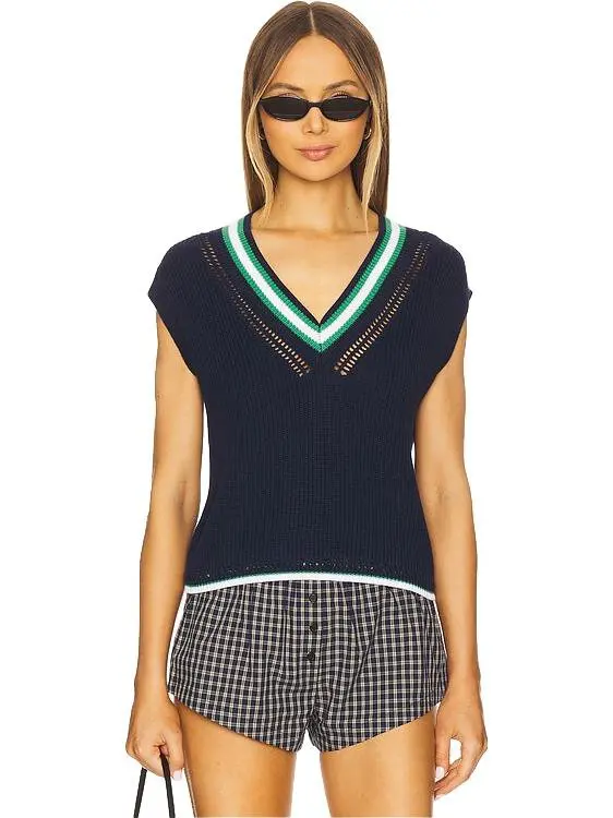 525 America Wendy Varsity Crochet V-neck Vest - Dark Blue Multi