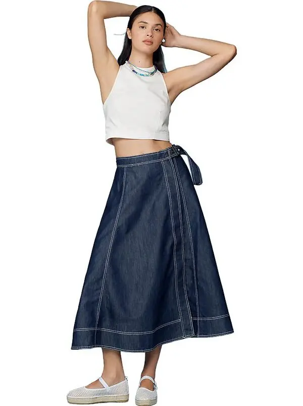 PILCRO Side-slit A-line Midi Skirt - Dark Denim