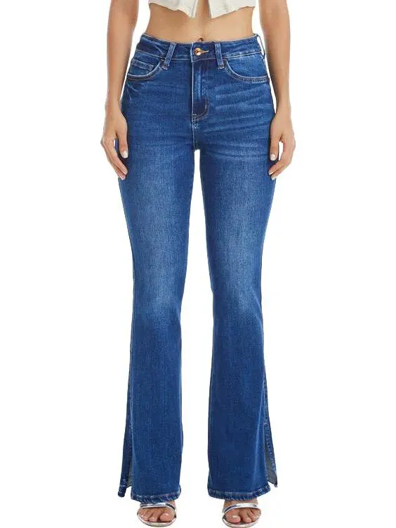 BAYEAS Split Hem Flare Leg Jeans - Indigo Rock