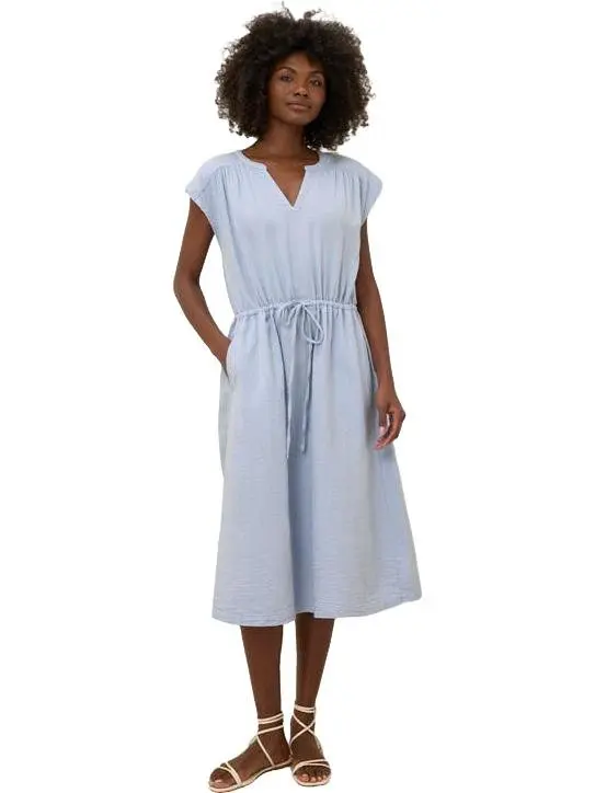 PACT Organic Cotton Coastal Double Gauze Tie Waist Midi Dress - Cornflower Blue
