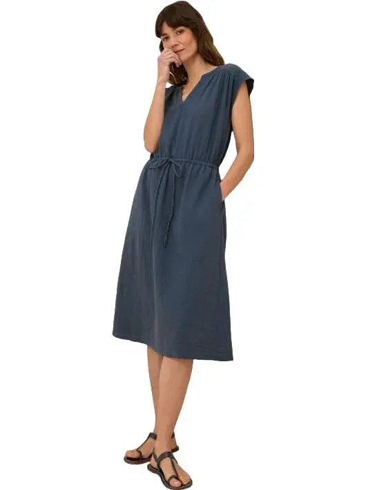 PACT Organic Cotton Coastal Double Gauze Tie Waist Midi Dress - French Navy