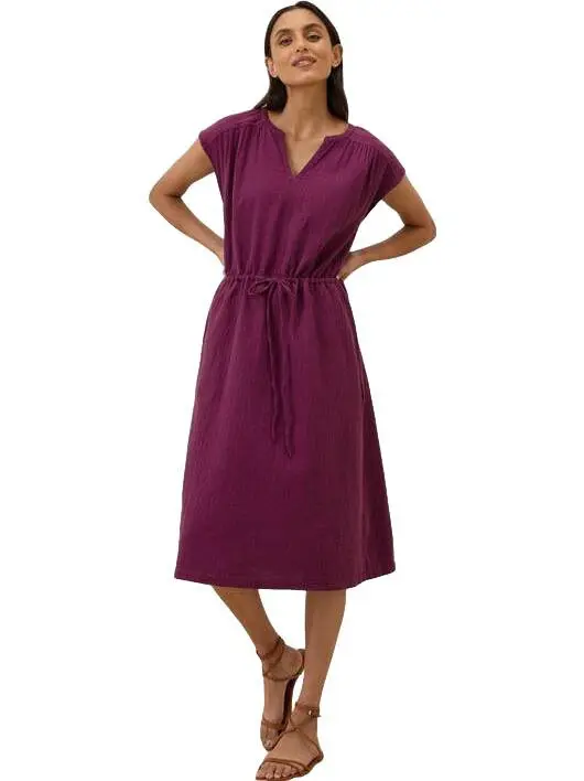 PACT Organic Cotton Coastal Double Gauze Tie Waist Midi Dress - Sangria
