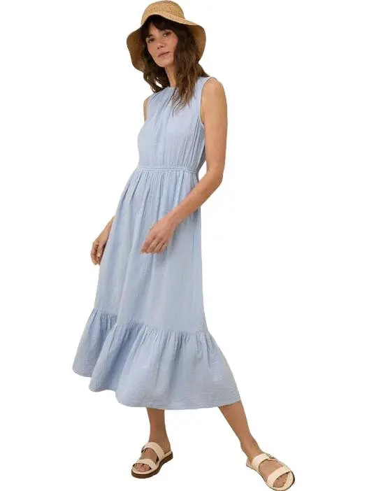 PACT Organic Cotton Coastal Double Gauze Tiered Midi Dress - Cornflower Blue
