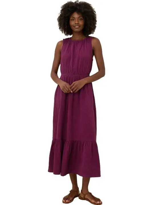 PACT Organic Cotton Coastal Double Gauze Tiered Midi Dress - Sangria
