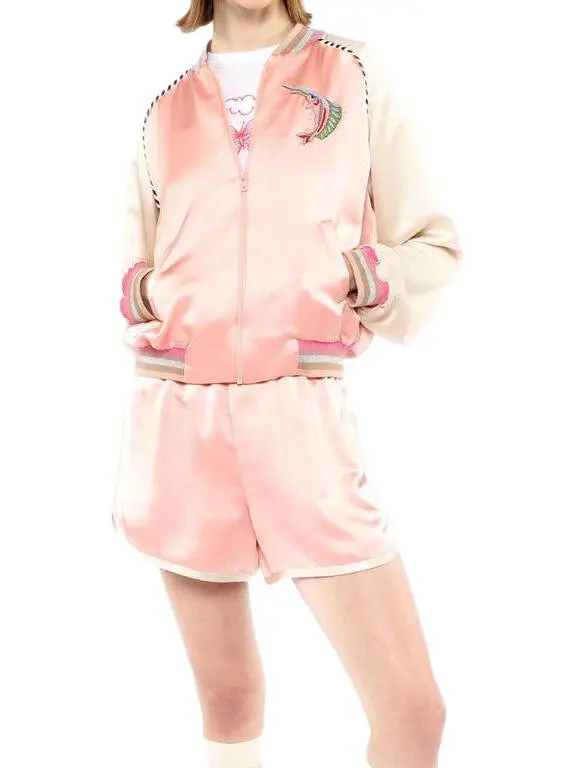 Anna Sui Satin Embroidered Souvenir Jacket - Pastel Pink