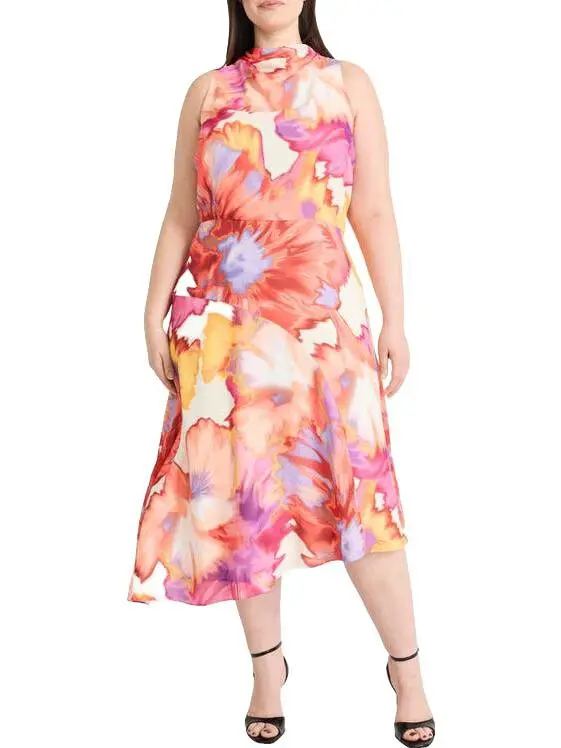 Maggy London Watercolor Asymmetric Midi Dress - Ivory/ Orange