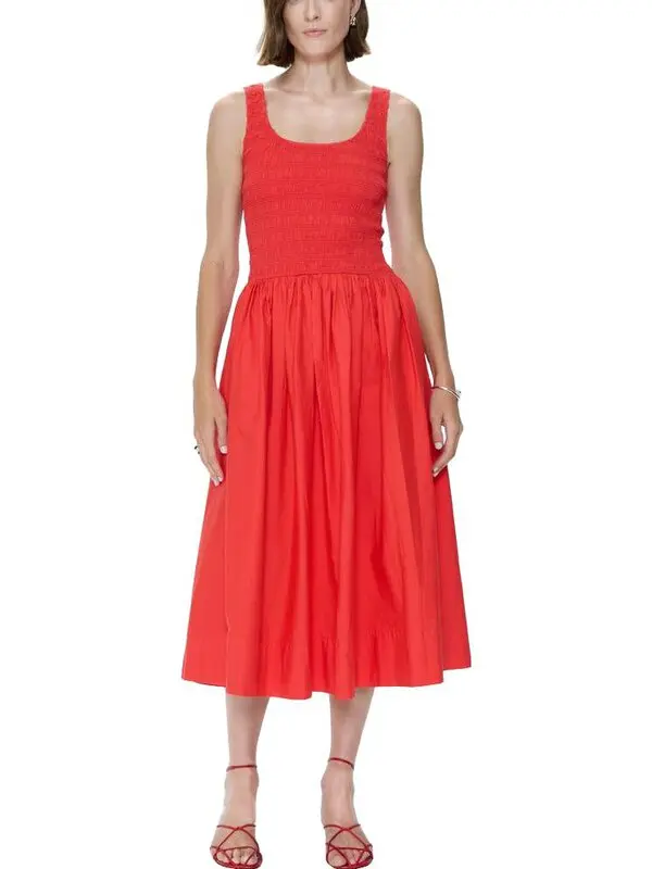 PISTOLA Alessia Smocked Drop-waist Stretch Cotton Midi Dress - Maraschino