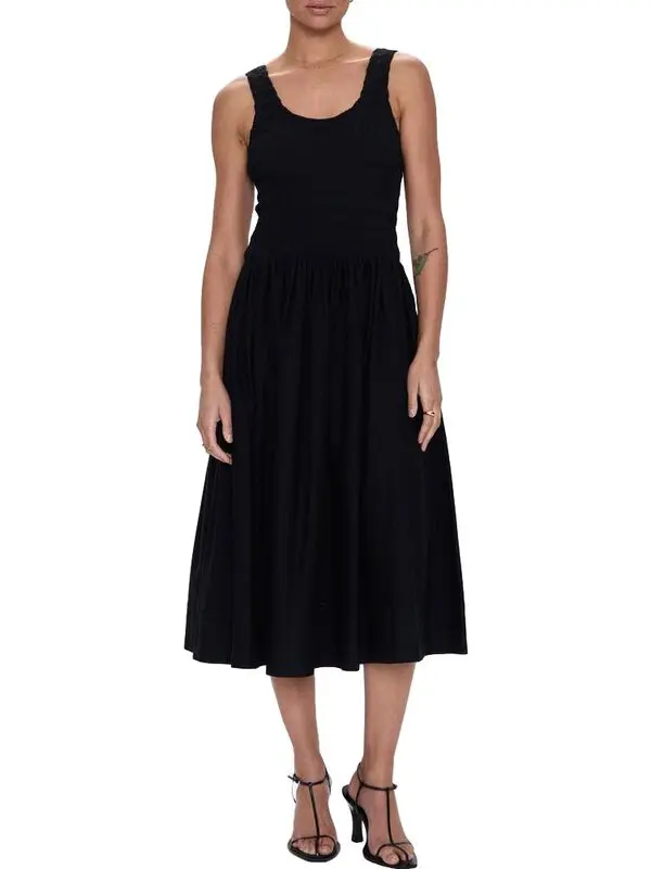 PISTOLA Alessia Smocked Drop-waist Stretch Cotton Midi Dress - Noir