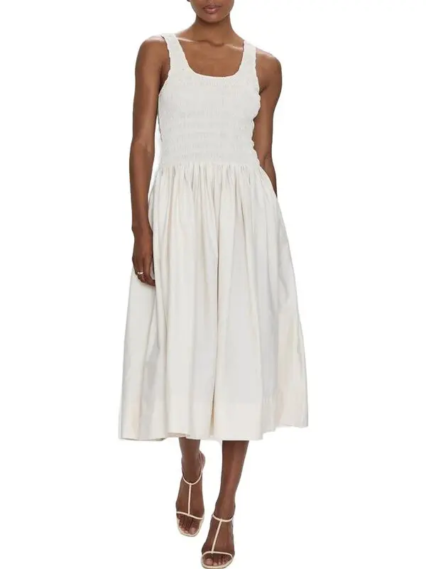 PISTOLA Alessia Smocked Drop-waist Stretch Cotton Midi Dress - Shell