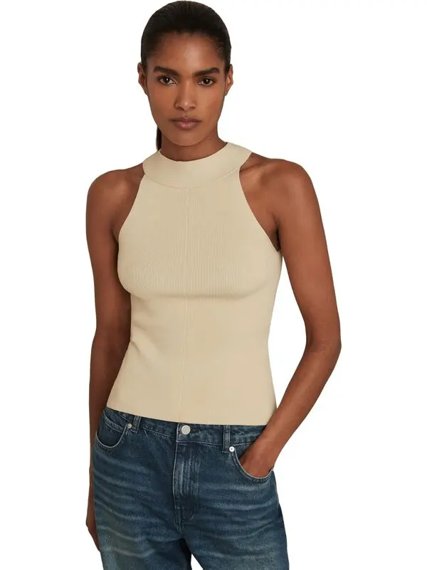 REISS Lacey Rib Knit High Neck Vest - Ivory
