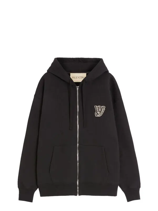 Valentino Garavani Hooded Cotton Sweatshirt With Vg Patch - Black