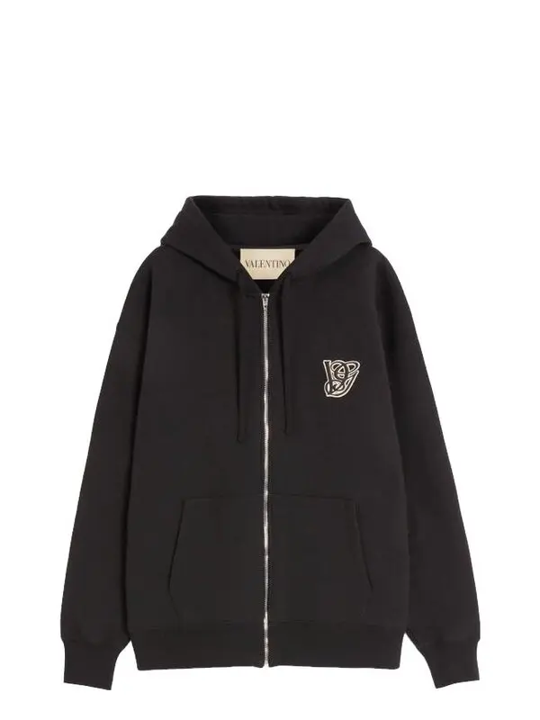 Valentino Garavani Hooded Cotton Sweatshirt With Vg Patch - Black