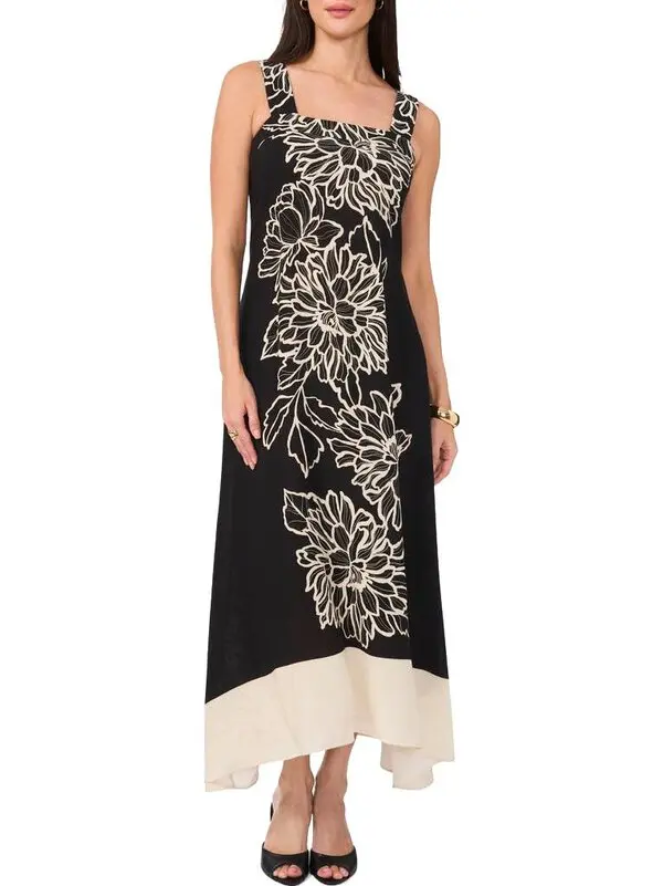 Vince Camuto Floral Print Midi Dress - Rich Black