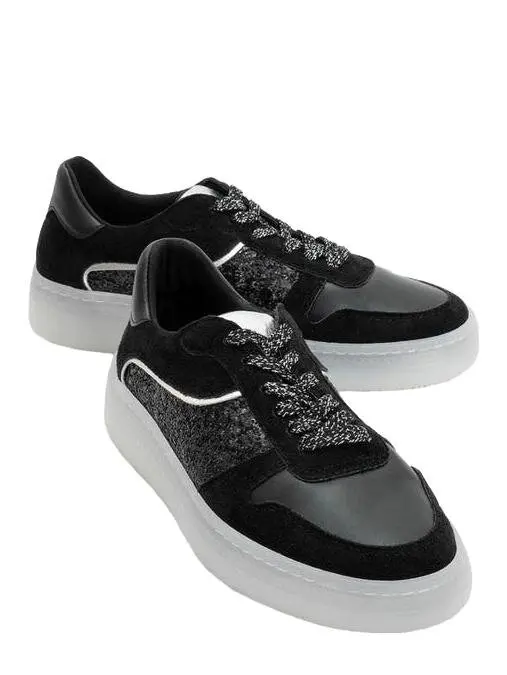 FOREVER & ALWAYS SHOES Felipe Glitter Leather Sneakers - Black Leather