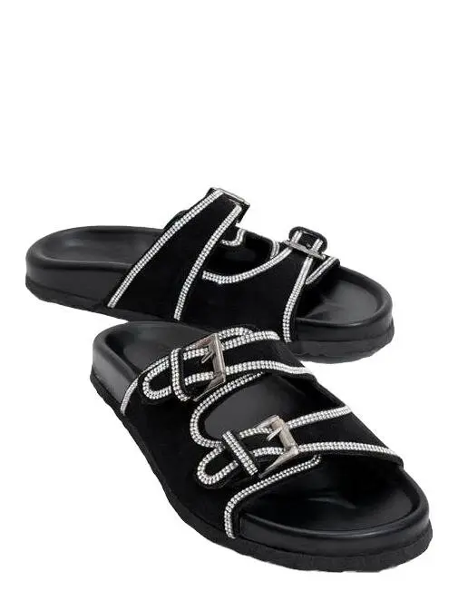 FOREVER & ALWAYS SHOES Allen Rhinestone Leather Slide Sandal - Black Leather