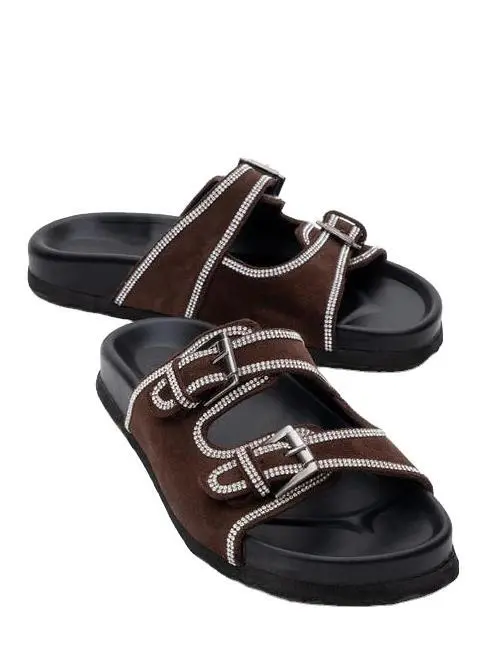 FOREVER & ALWAYS SHOES Allen Rhinestone Leather Slide Sandal - Brown Suede Leather
