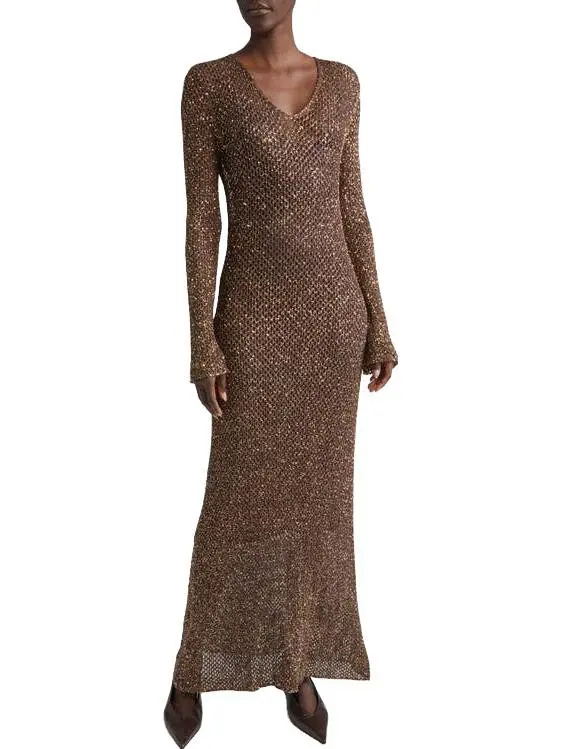 Altuzarra Ozzie Long Sleeve Sequin Maxi Sweater Dress - Charred Oak