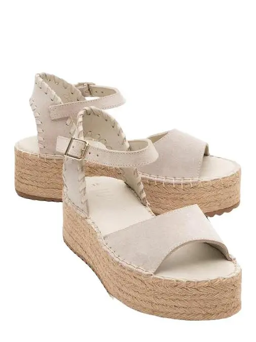 FOREVER & ALWAYS SHOES Serez Leather Platform Espadrille Sandals - Beige Suede Leather