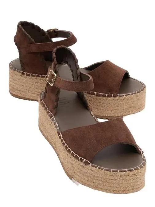 FOREVER & ALWAYS SHOES Serez Leather Platform Espadrille Sandals - Brown Suede Leather