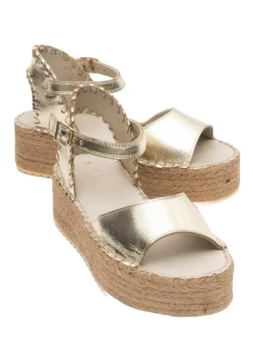 FOREVER & ALWAYS SHOES Serez Leather Platform Espadrille Sandals - Gold Leather