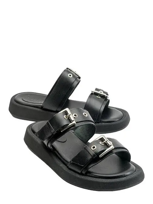 FOREVER & ALWAYS SHOES Finezza Leather Two-strap Sandals - Black Leather