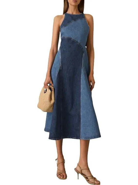 REISS Wilder Colorblock Denim Midi Dress - Indigo