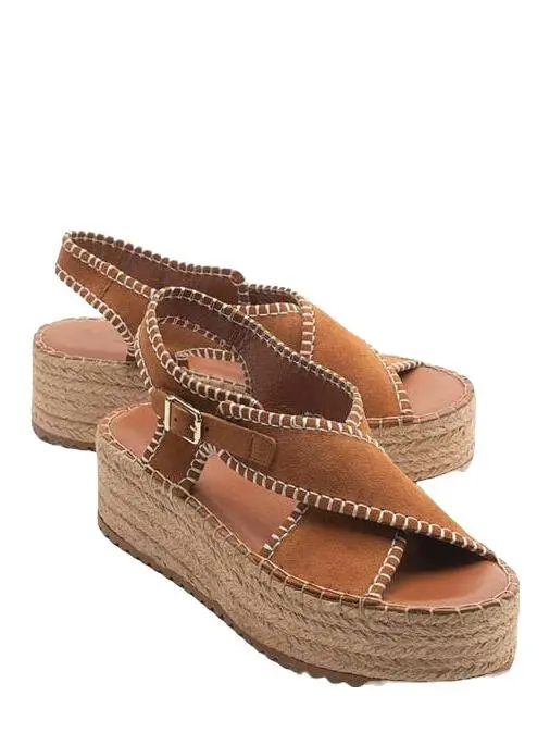 FOREVER & ALWAYS SHOES Bellezza Leather Platform Sandal - Cognac Brown Suede Leather