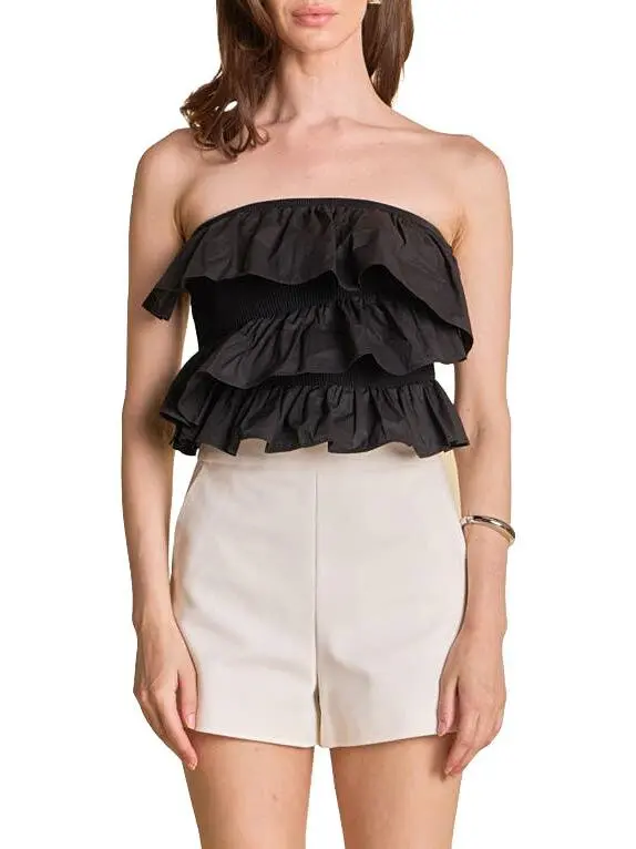 Endless Rose Mixed Media Ruffle Strapless Top - Black