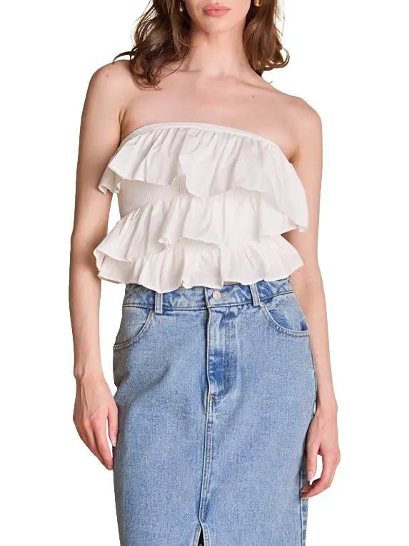 Endless Rose Mixed Media Ruffle Strapless Top - White