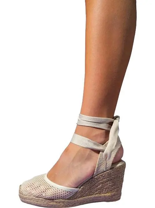 FOREVER & ALWAYS SHOES Lions Mesh Leather Wedge Espadrilles By - Beige Leather